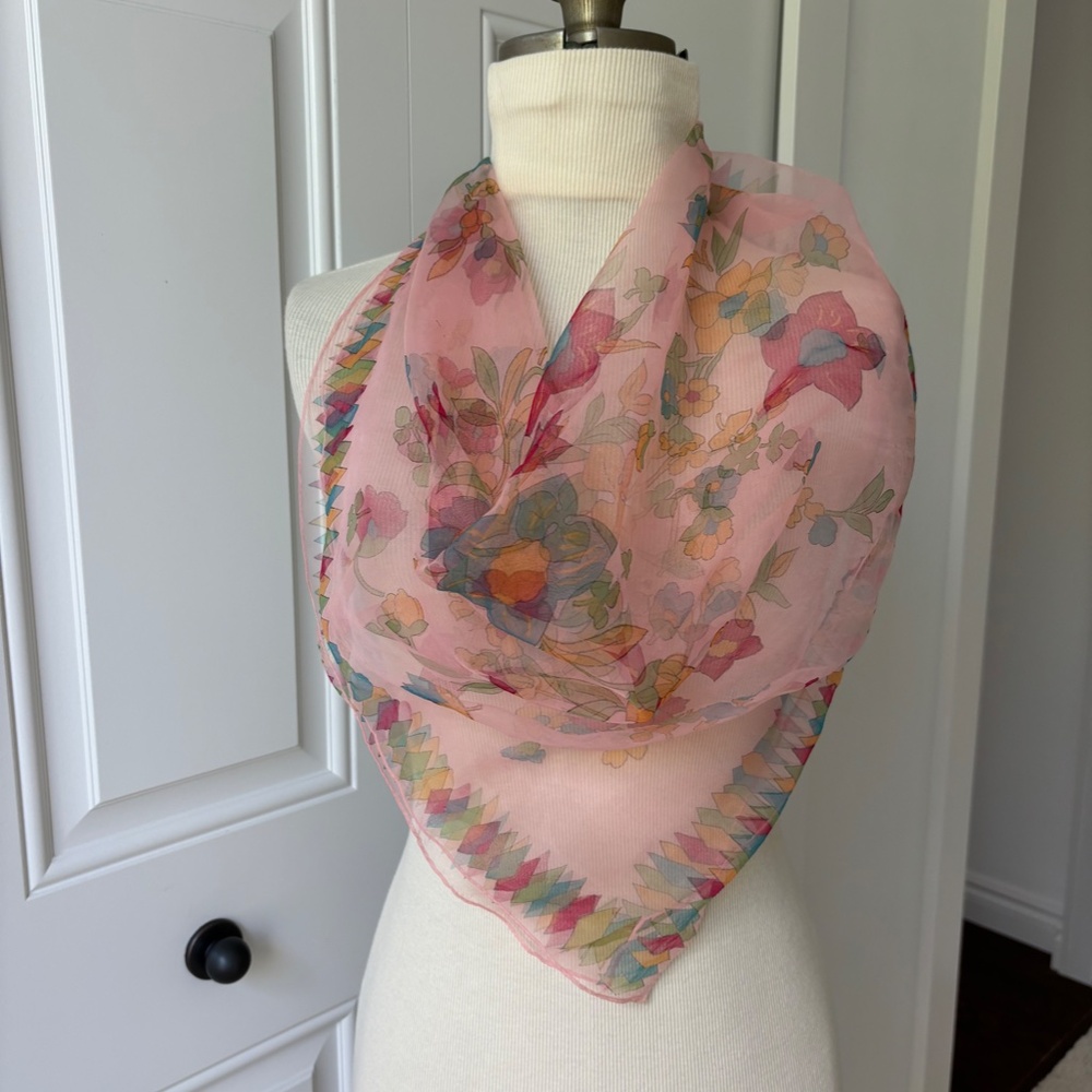 Vintage Sheer Square Pink Floral Print Scarf - Gem